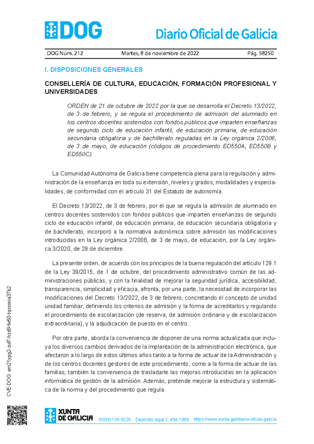 Orden 21.10: Procedimientos de Admisión en Educación Pública (ED550A, ED550B, - Studocu
