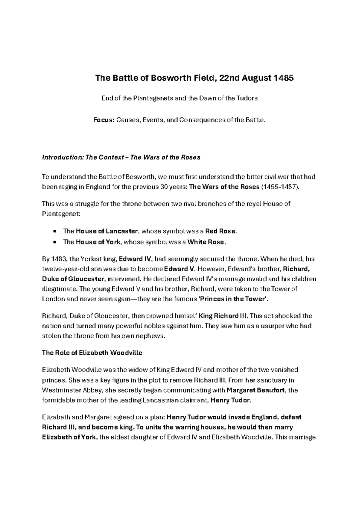 The Battle of Bosworth Field: Causes, Events, and Consequences - Studocu