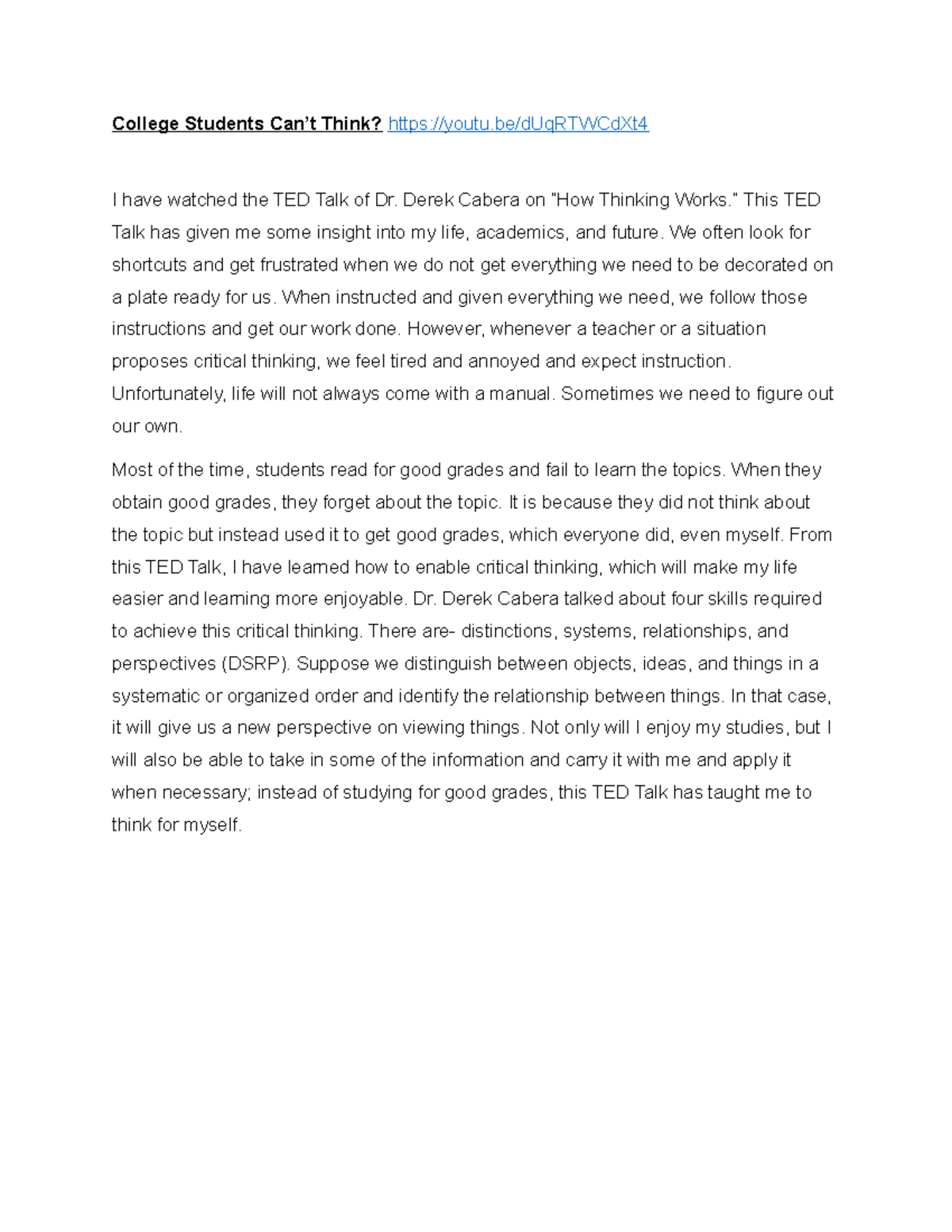 TED Talk Summary: Insights on Critical Thinking from Dr. Cabera - Studocu