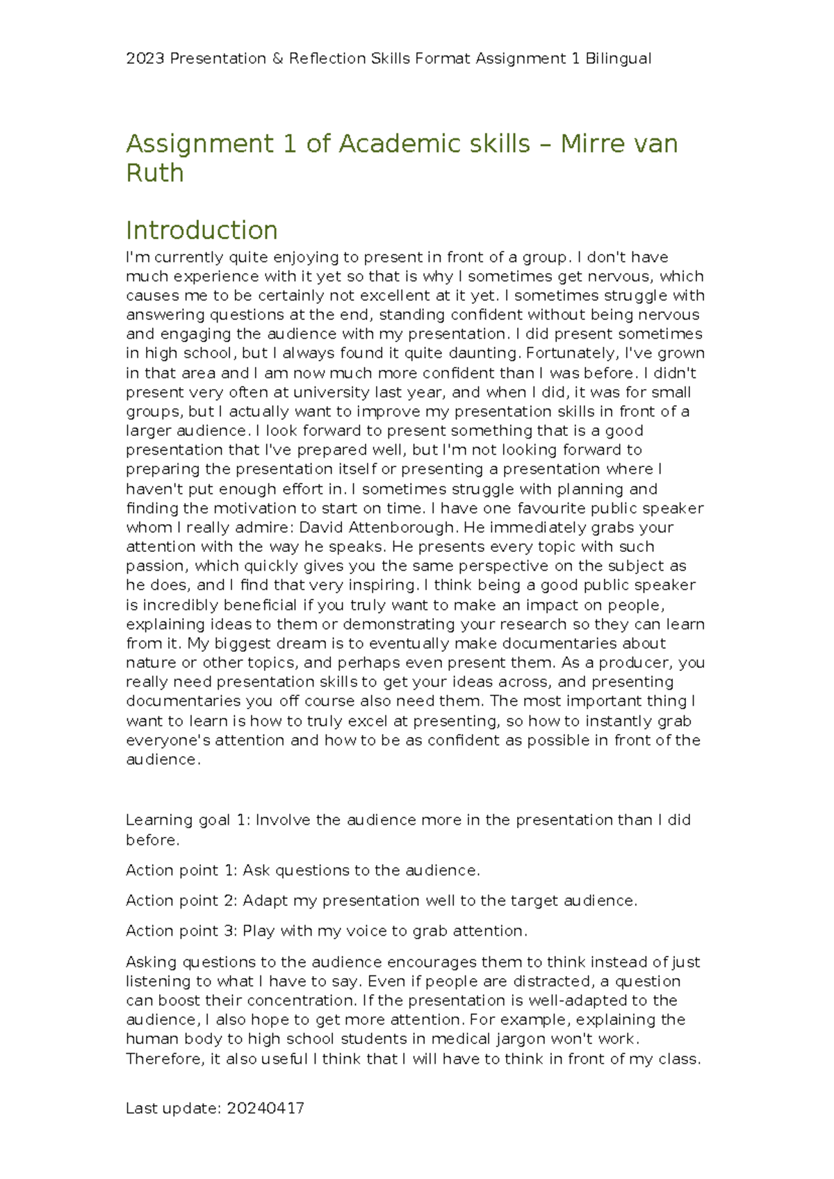 2023 Academic Skills Reflection: Presentation Skills Assignment 1 ...