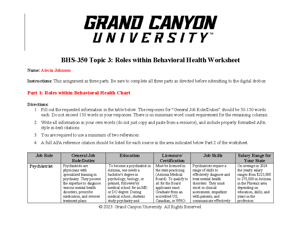 BHS-350 Final Exam: Roles in Behavioral Health Worksheet by Johnson ...