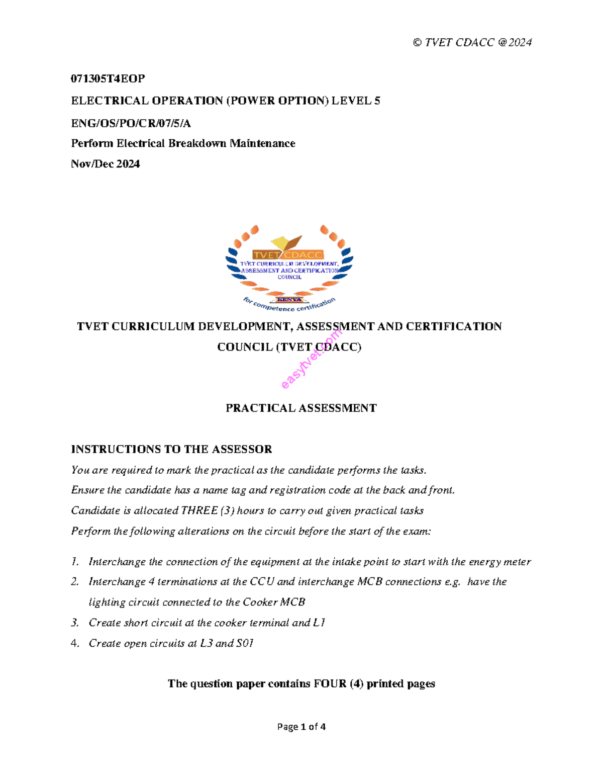 TVET CDACC 071305T4EOP Level 5 Electrical Breakdown Maintenance ...