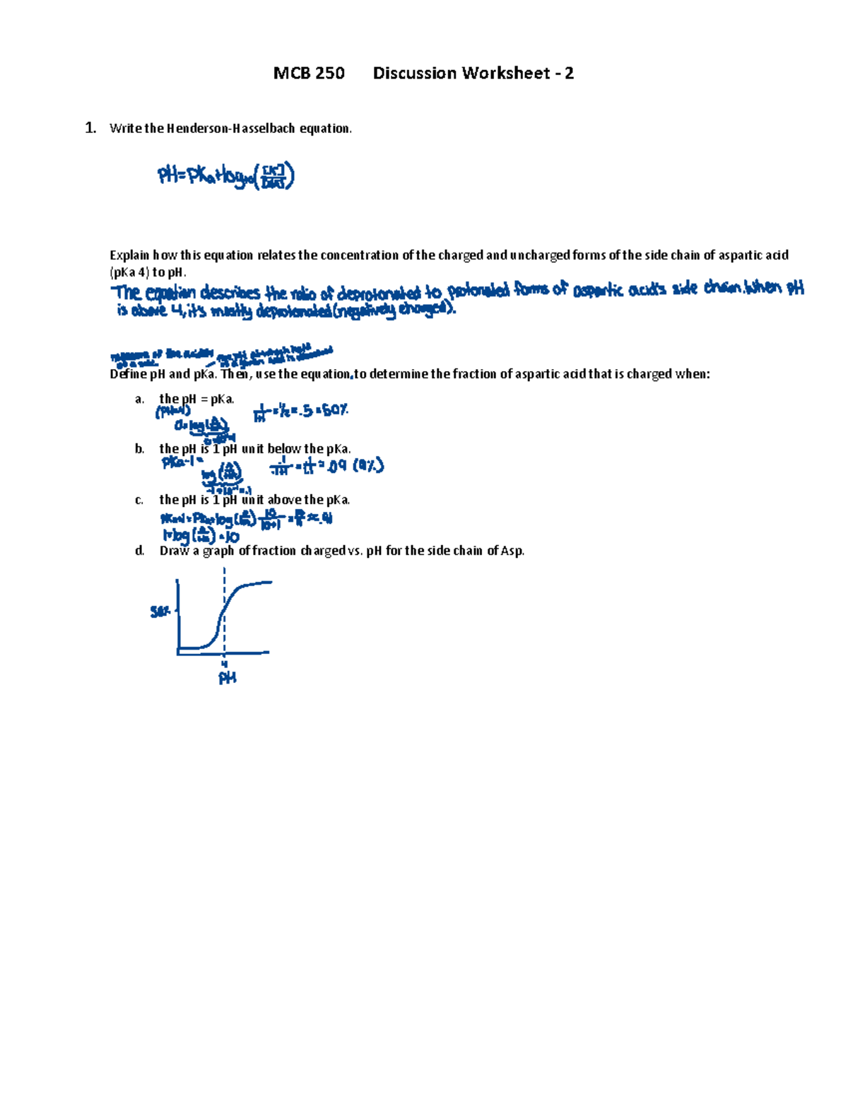 MCB 250 Discussion Worksheet 2: pH, pKa, and DNA Stability Analysis ...