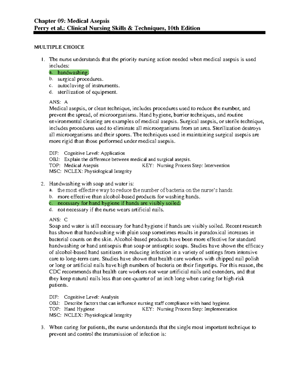 Chapter 09 Clinical Sample Questions: Medical Asepsis & Hand Hygiene ...