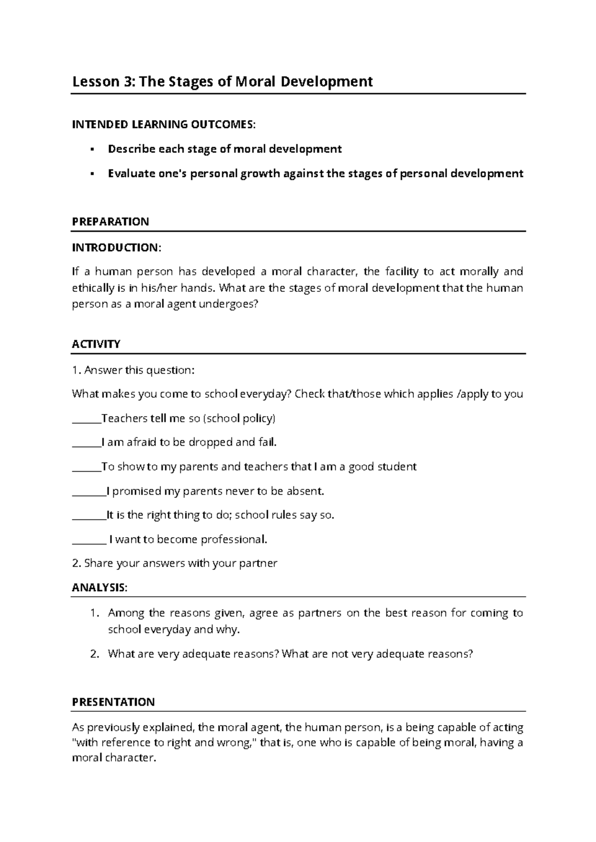 Lesson 3: Stages of Moral Development and Personal Growth - Studocu