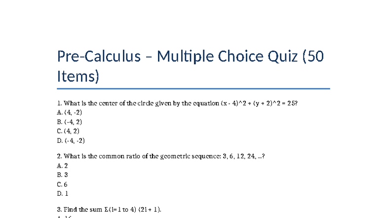 Pre Calculus Quiz (50 Items) - Multiple Choice Questions - Studocu