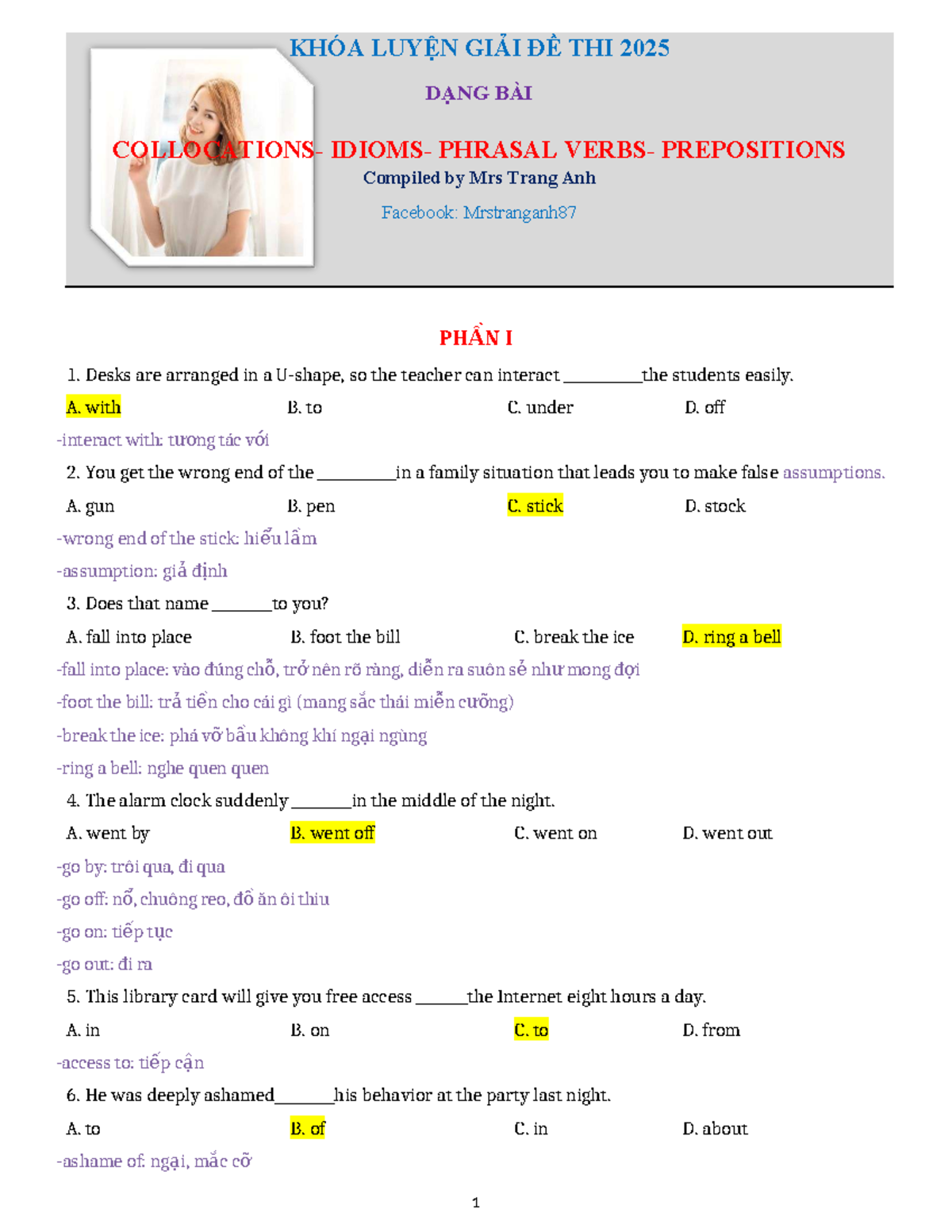 KHÓA LUYỆN GIẢI ĐỀ THI 2025: PHRASAL PREPOSITIONS & IDIOMS - Studocu