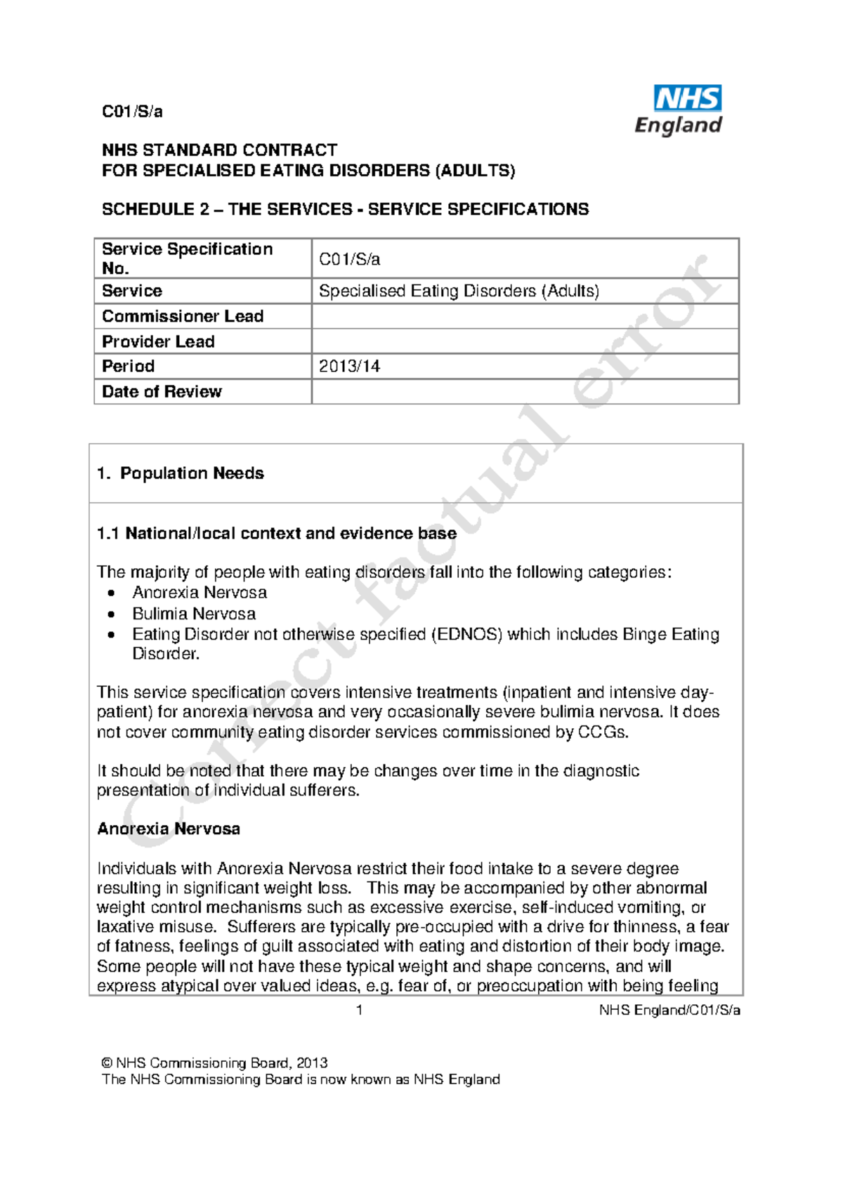 Specialised eating disorders service - 1 NHS England/C01/S/a © NHS ...