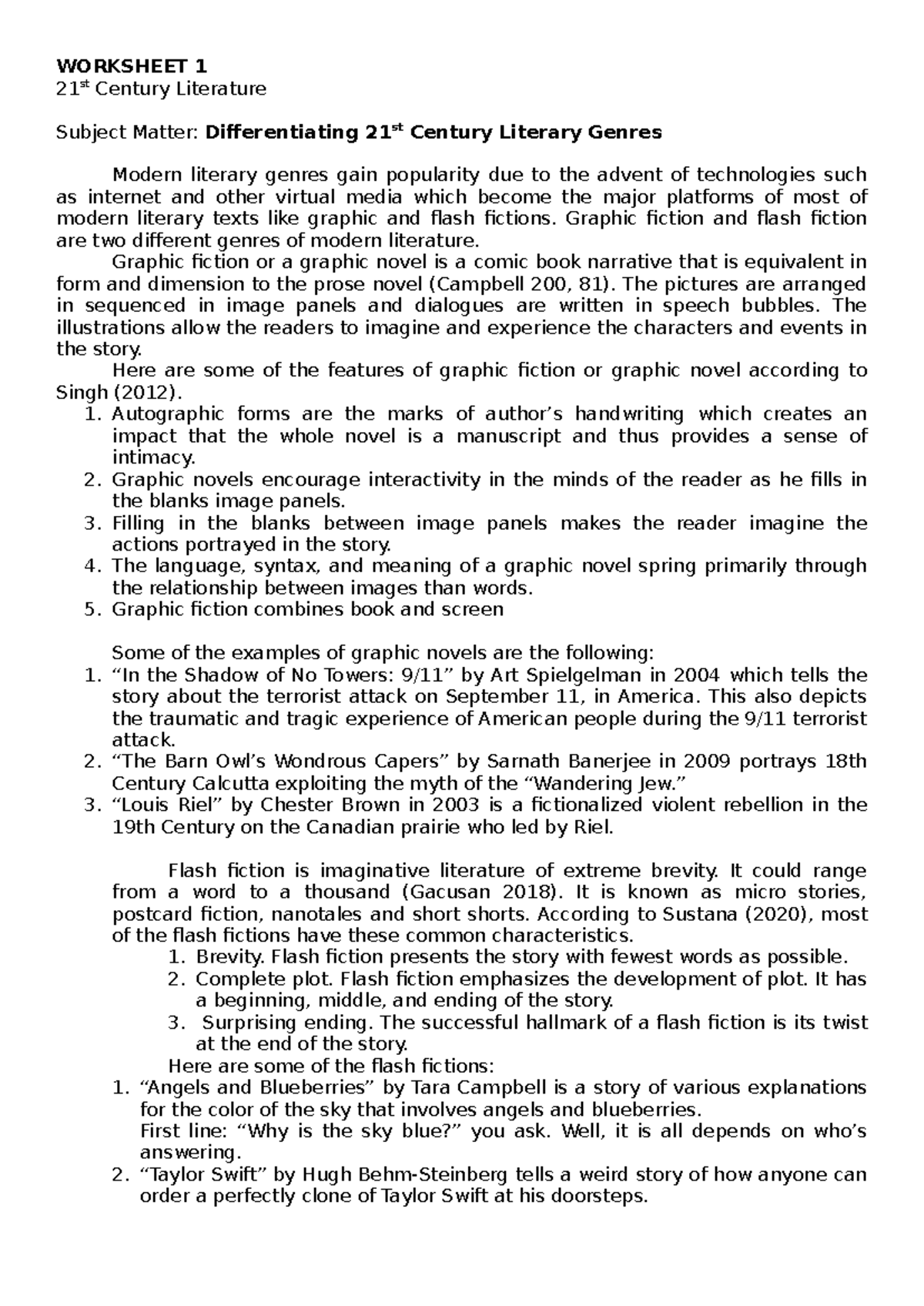 21ST Century LIT. Worksheet 1: Exploring Modern Literary Genres - Studocu