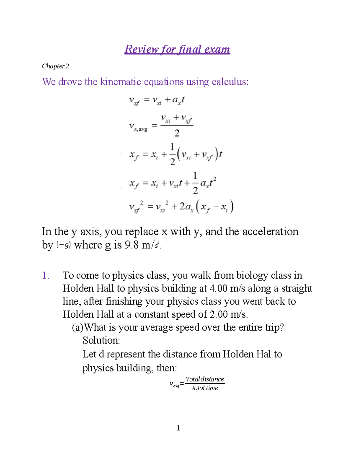 Final Exam Review: Kinematic Equations & Motion Concepts (PHYS 101 ...