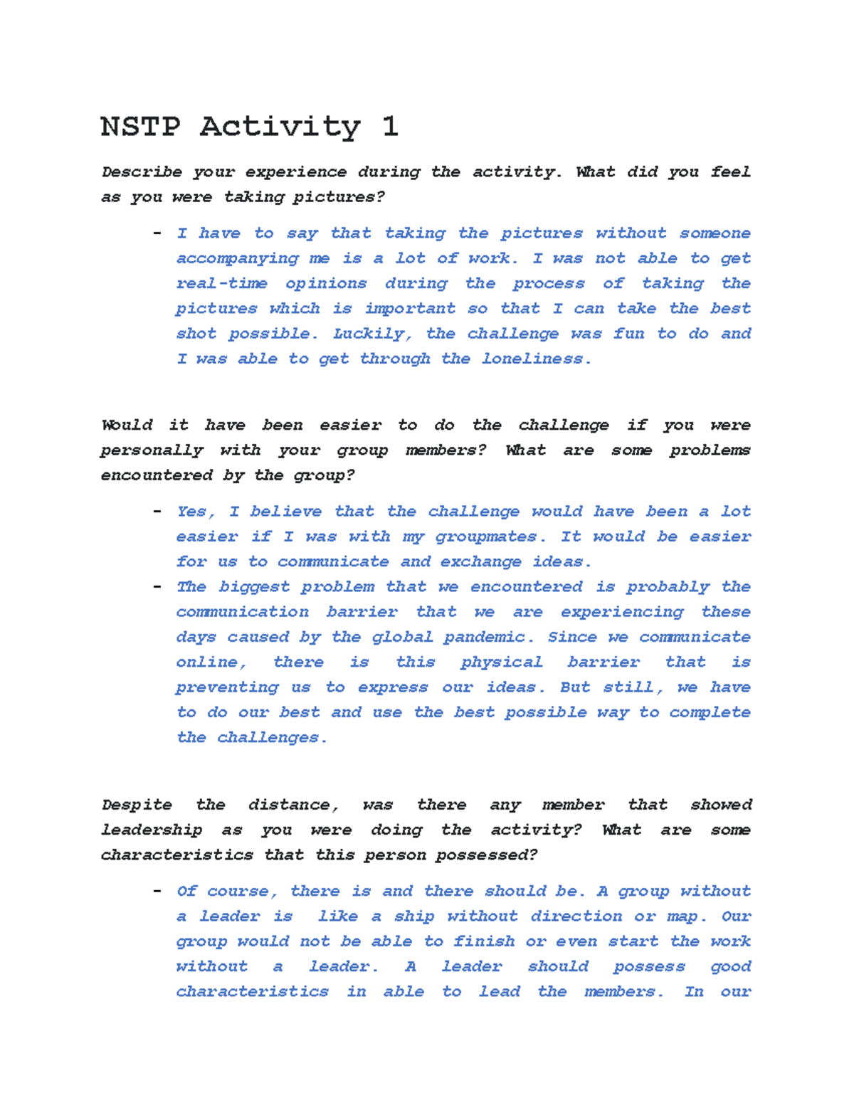NSTP Activity 1 Reflection: Overcoming Challenges in Group Work - Studocu