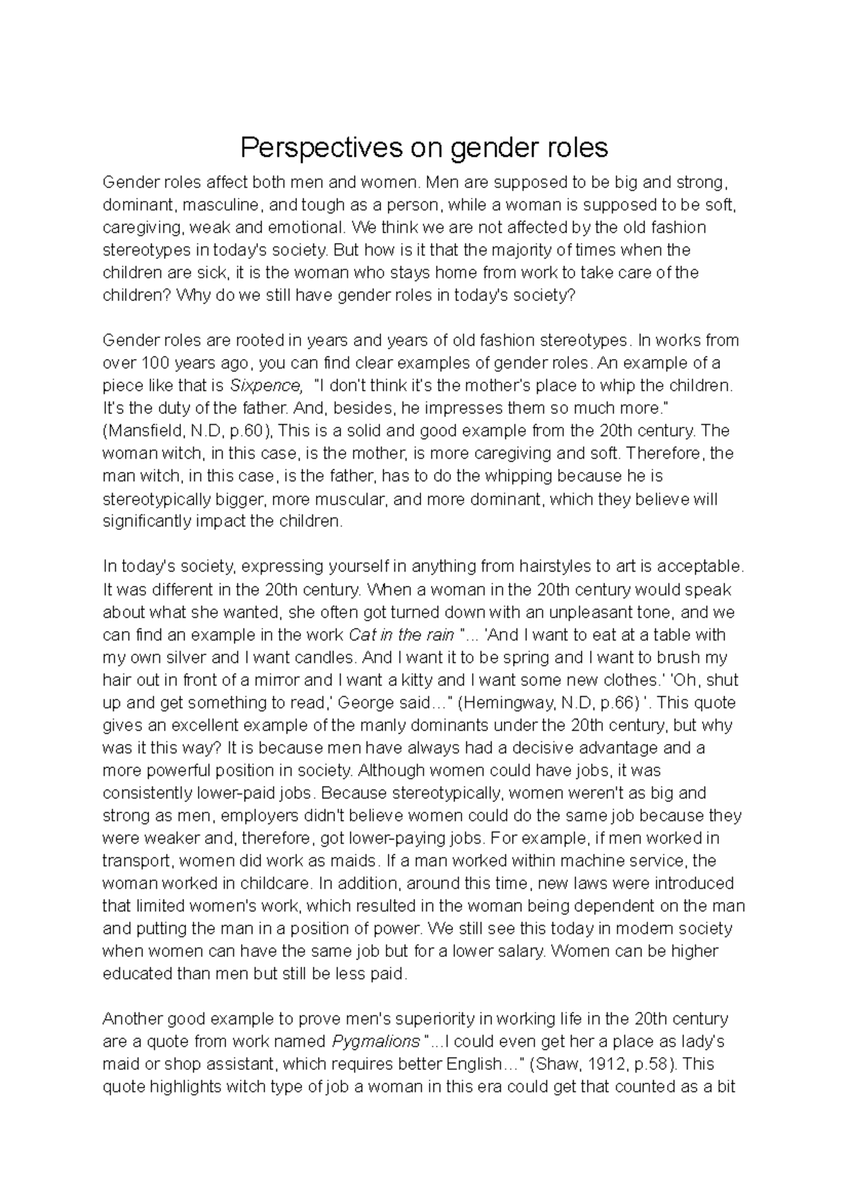 Discussion Essay on Gender Roles: Historical Perspectives and Modern ...