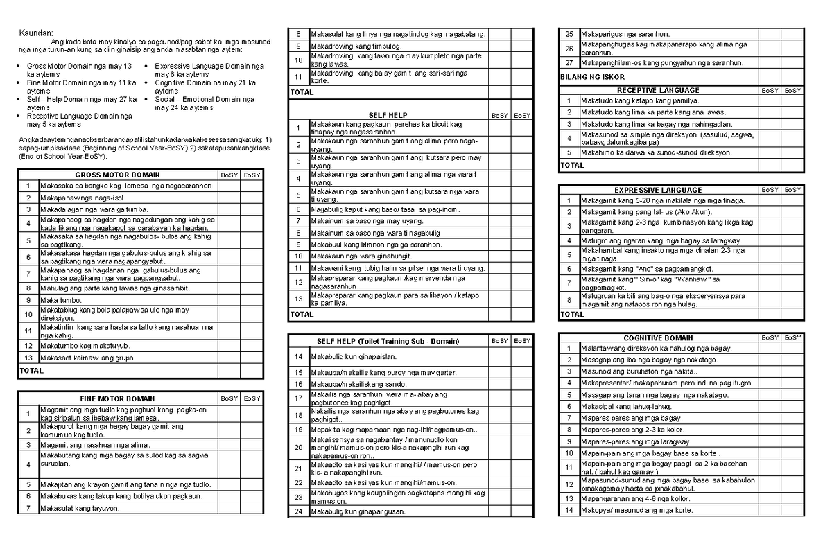 ECCD - Kinaray-A Checklist for Child Development Assessment - Studocu
