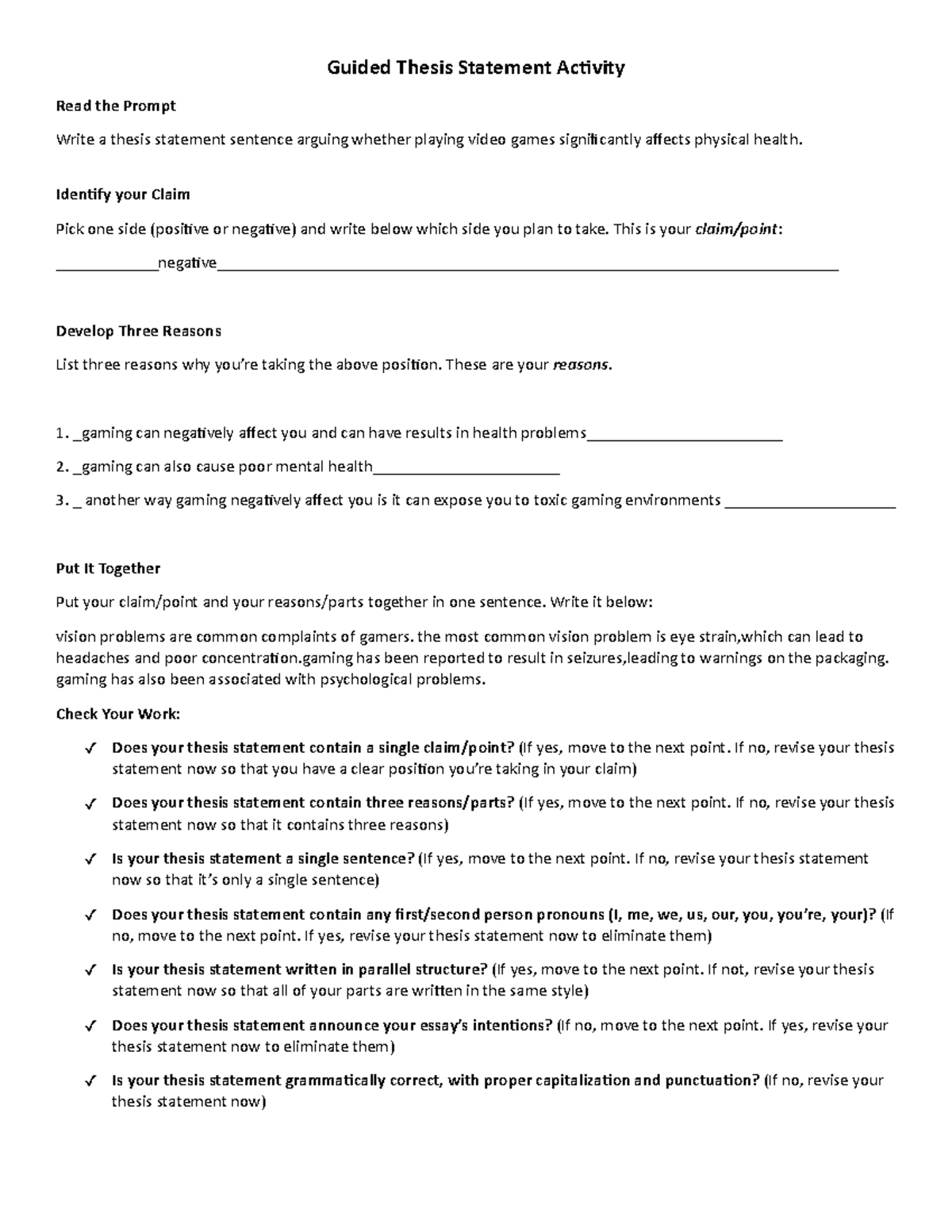 Guided Thesis Statement Writing Activity - Guided Thesis Statement Ac 1 ...