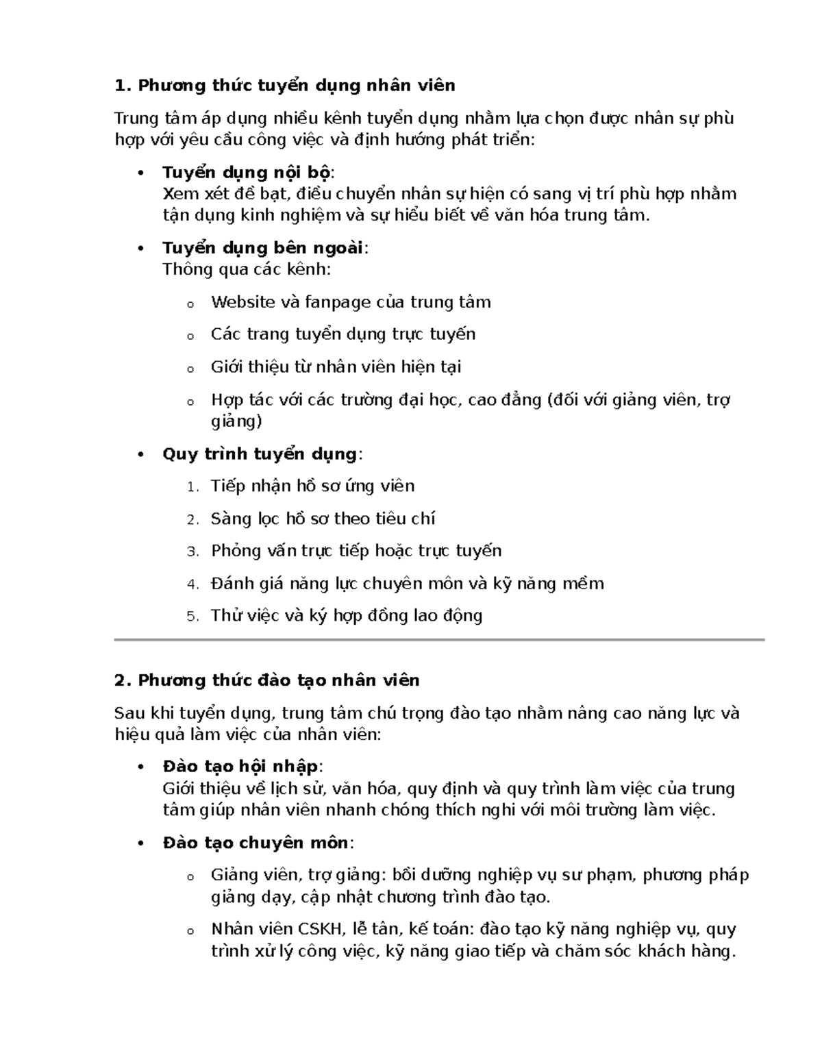 Phương thức Tuyển Dụng và Đào Tạo Nhân Viên Trung Tâm - Studocu