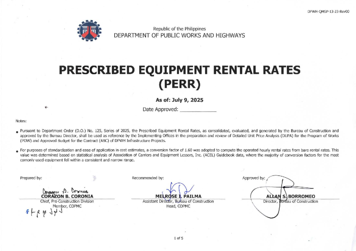 DPWH PERR: Prescribed Equipment Rental Rates as of July 2025 - Studocu