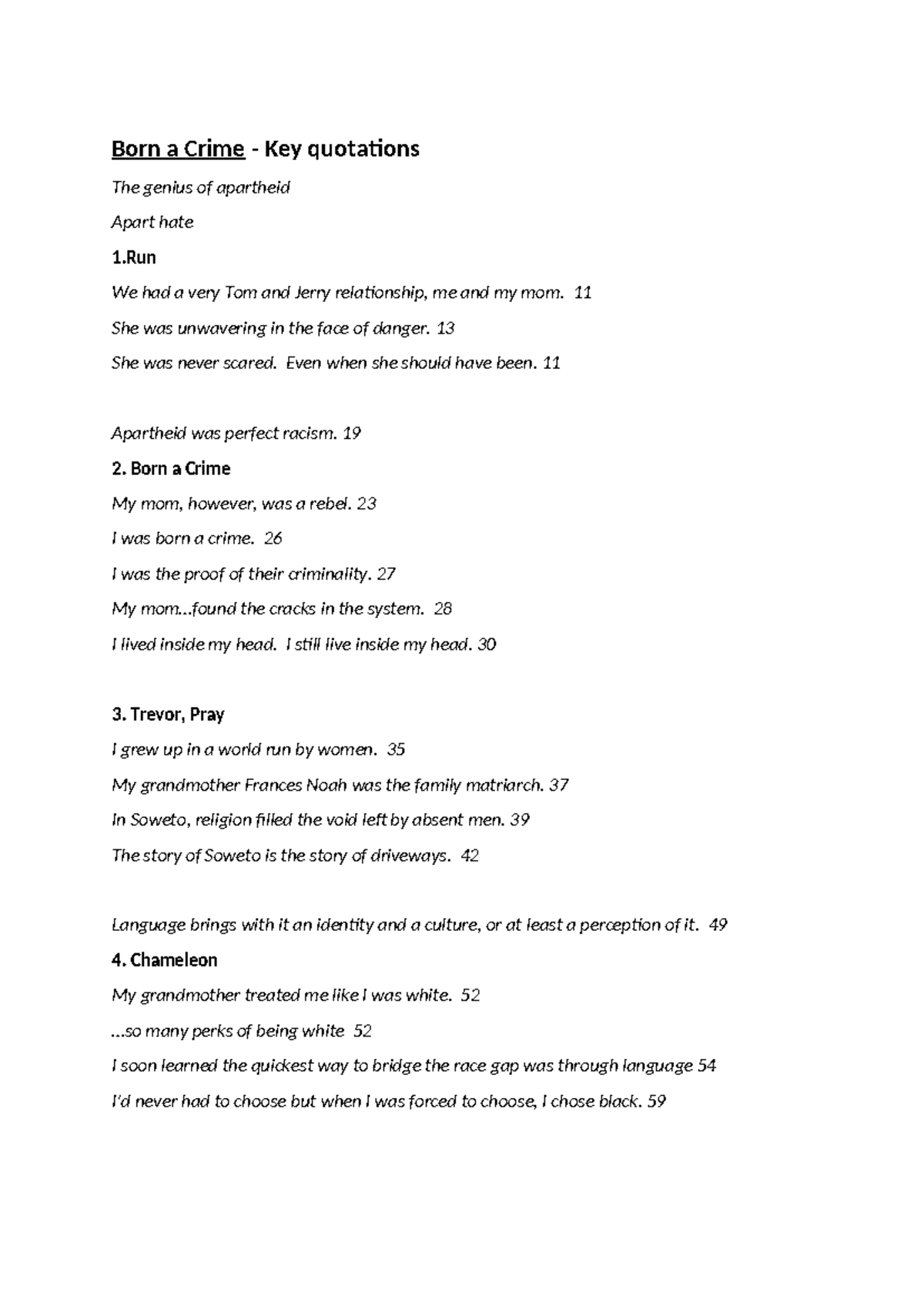 Born a Crime - Key Quotations Compilation Guide - Studocu