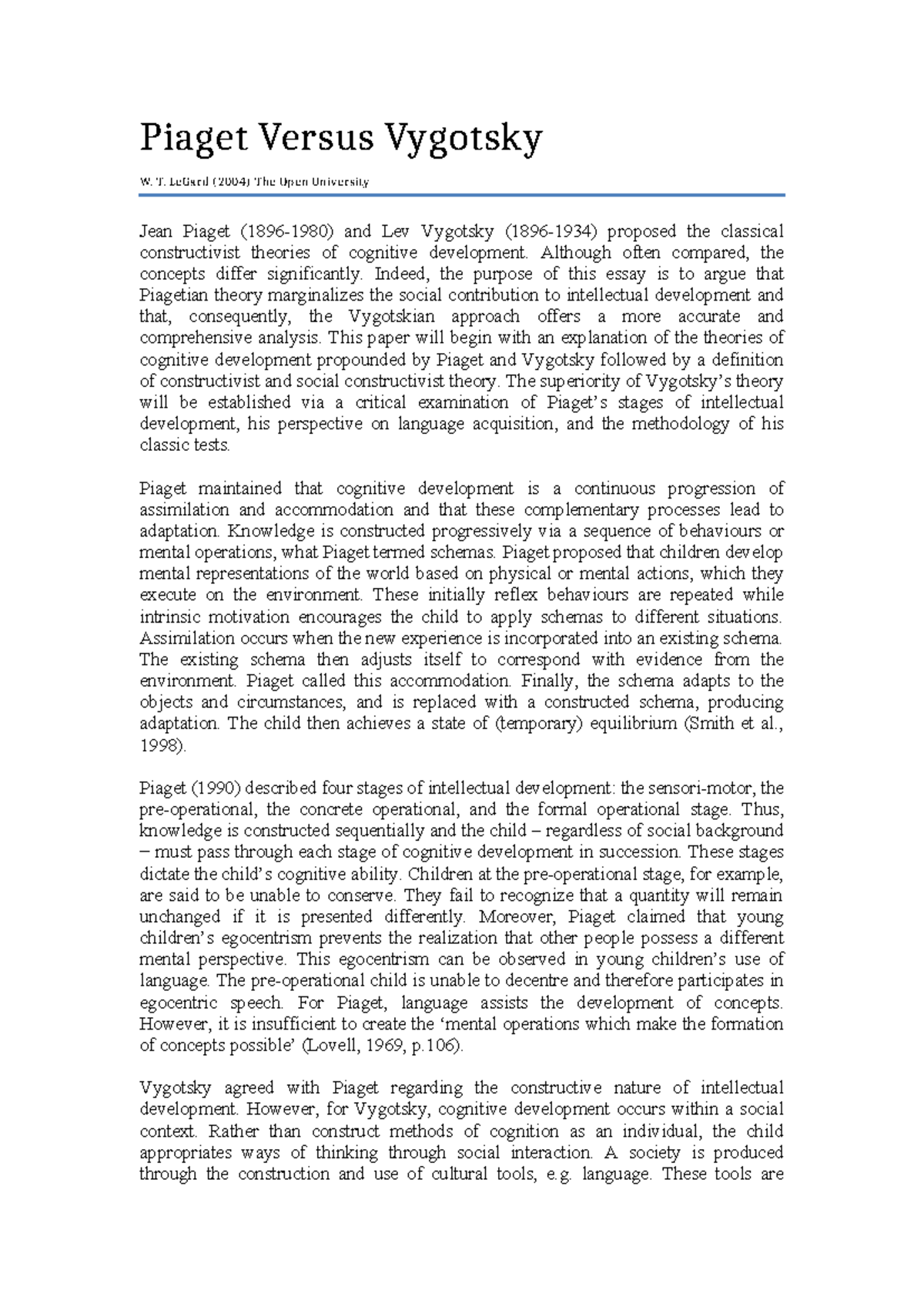 Comparative Analysis of Piaget and Vygotsky's Theories (13401568) - Studocu