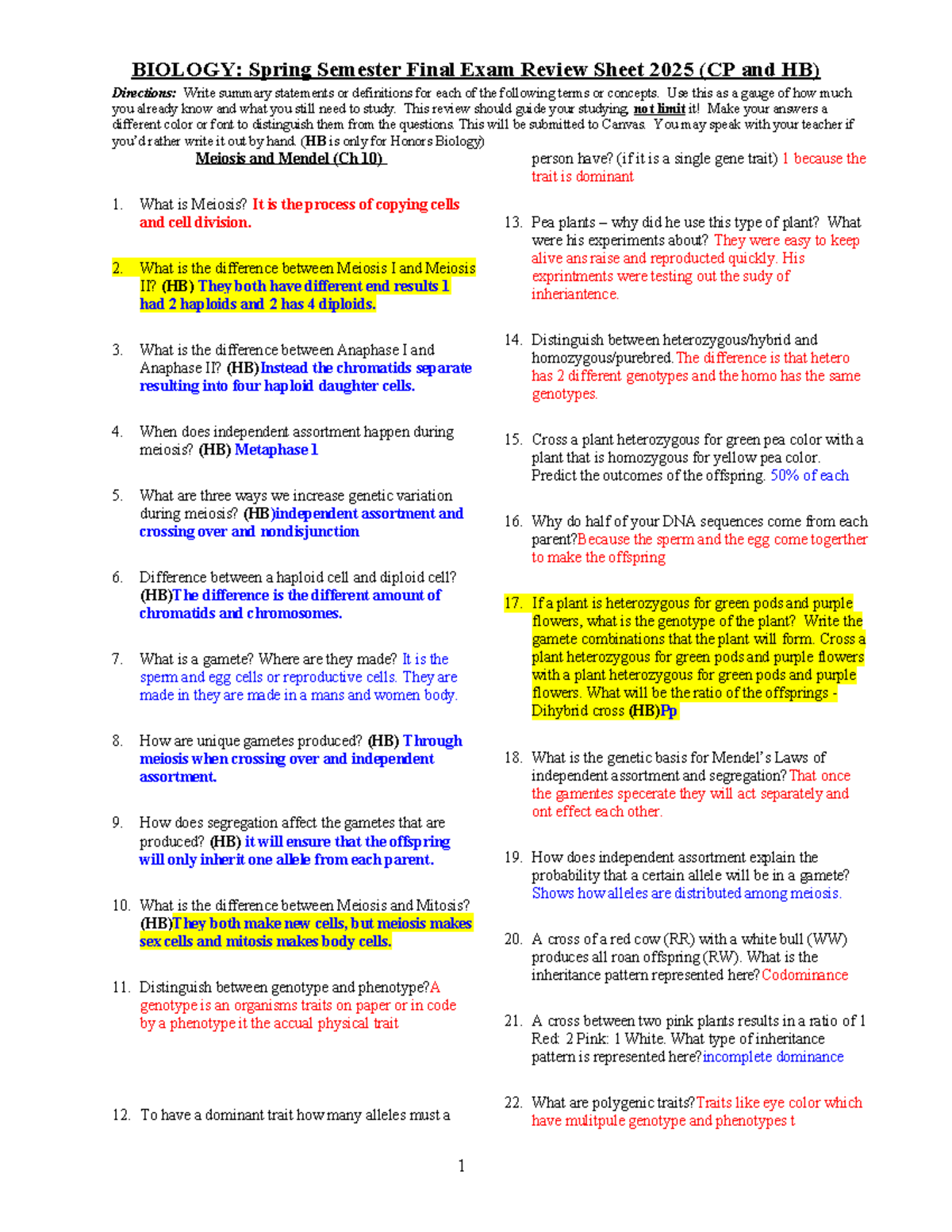 Biology Final Exam Review Sheet (CP and HB) - Spring 2025 - Studocu