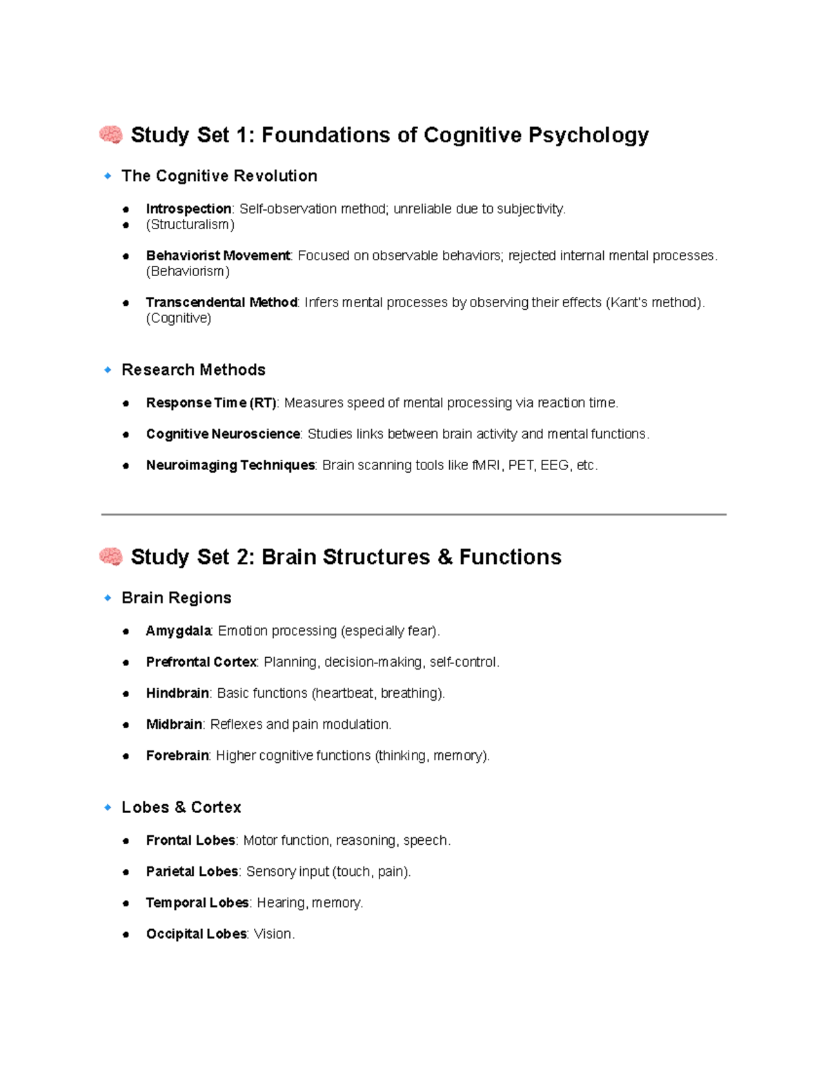 Cognitive Psychology Study Guide: Key Concepts & Brain Functions (PSY 101) - Studocu