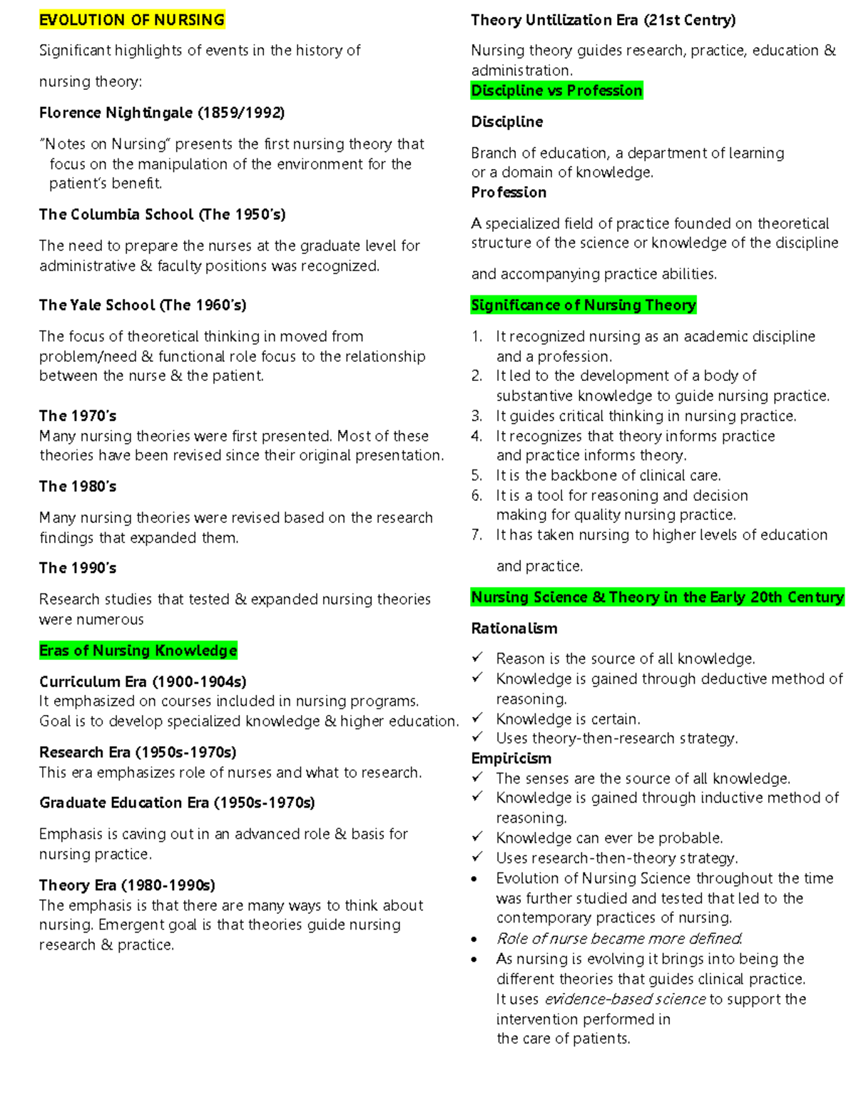 TFN- Reviewer - tfn notes - EVOLUTION OF NURSING Significant highlights ...