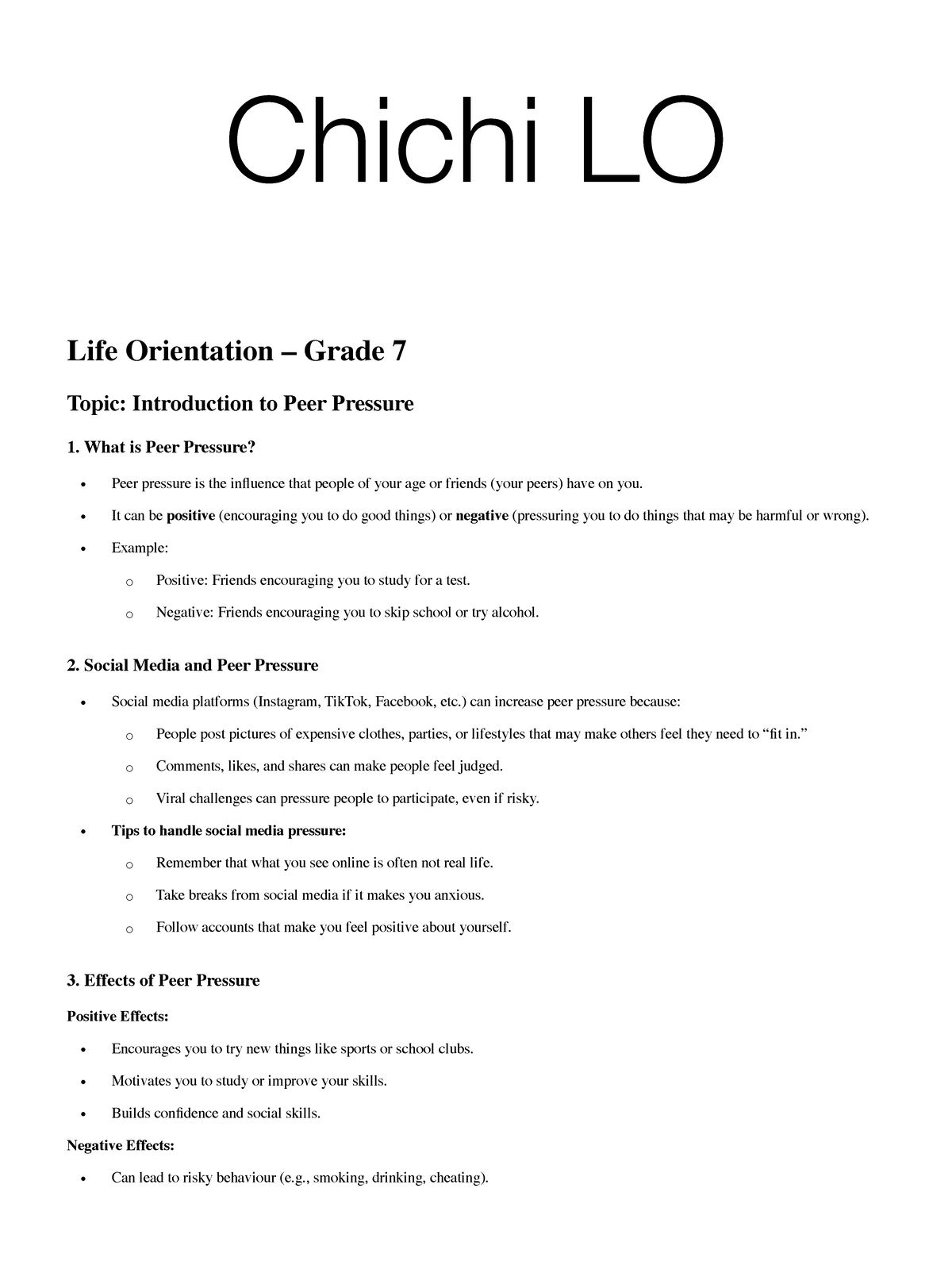 Gr7 LO - Life Orientation: Understanding Peer Pressure - Studocu