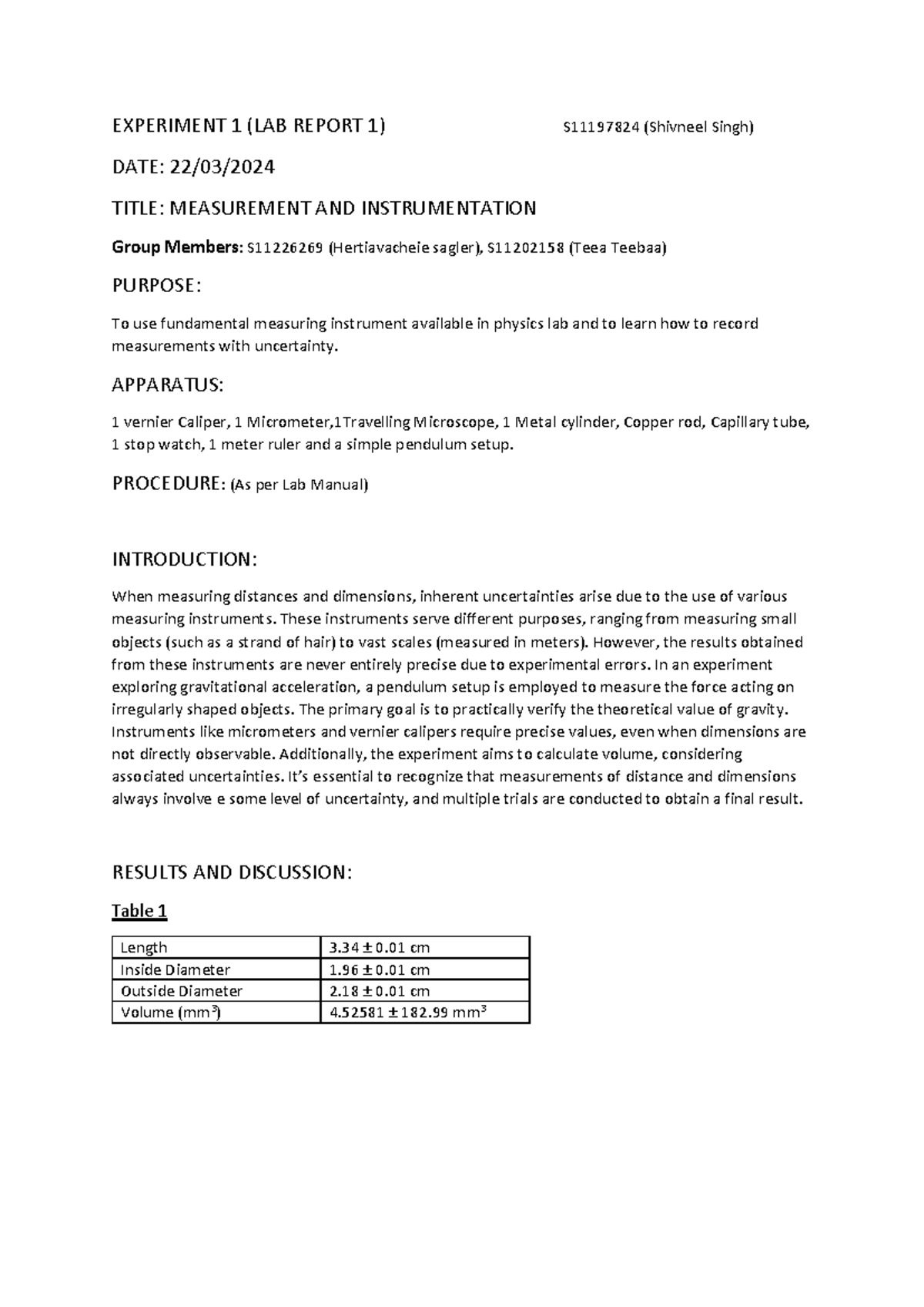 Measurement and Instrumentation Lab Report PH102 - Experiment 1 - Studocu