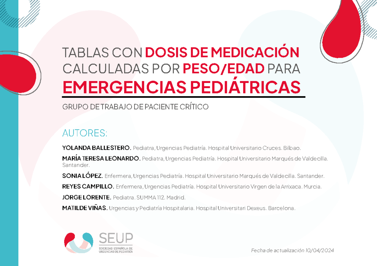 Tablas de Dosis de Medicación para Emergencias Pediátricas - SEUP - Studocu