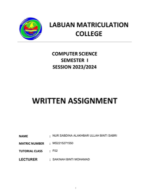 Written assignment Computer Science - SC025 Session 201 / 2020 KOLEJ MATRIKULASI LABUAN COMPUTER ...