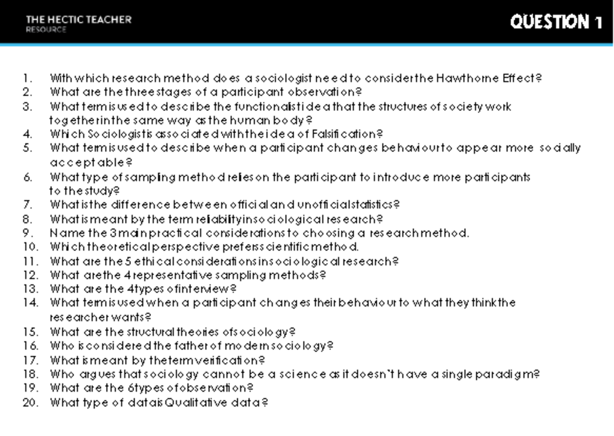 Theory and Methods Short Question Cards - 1. With which research method ...
