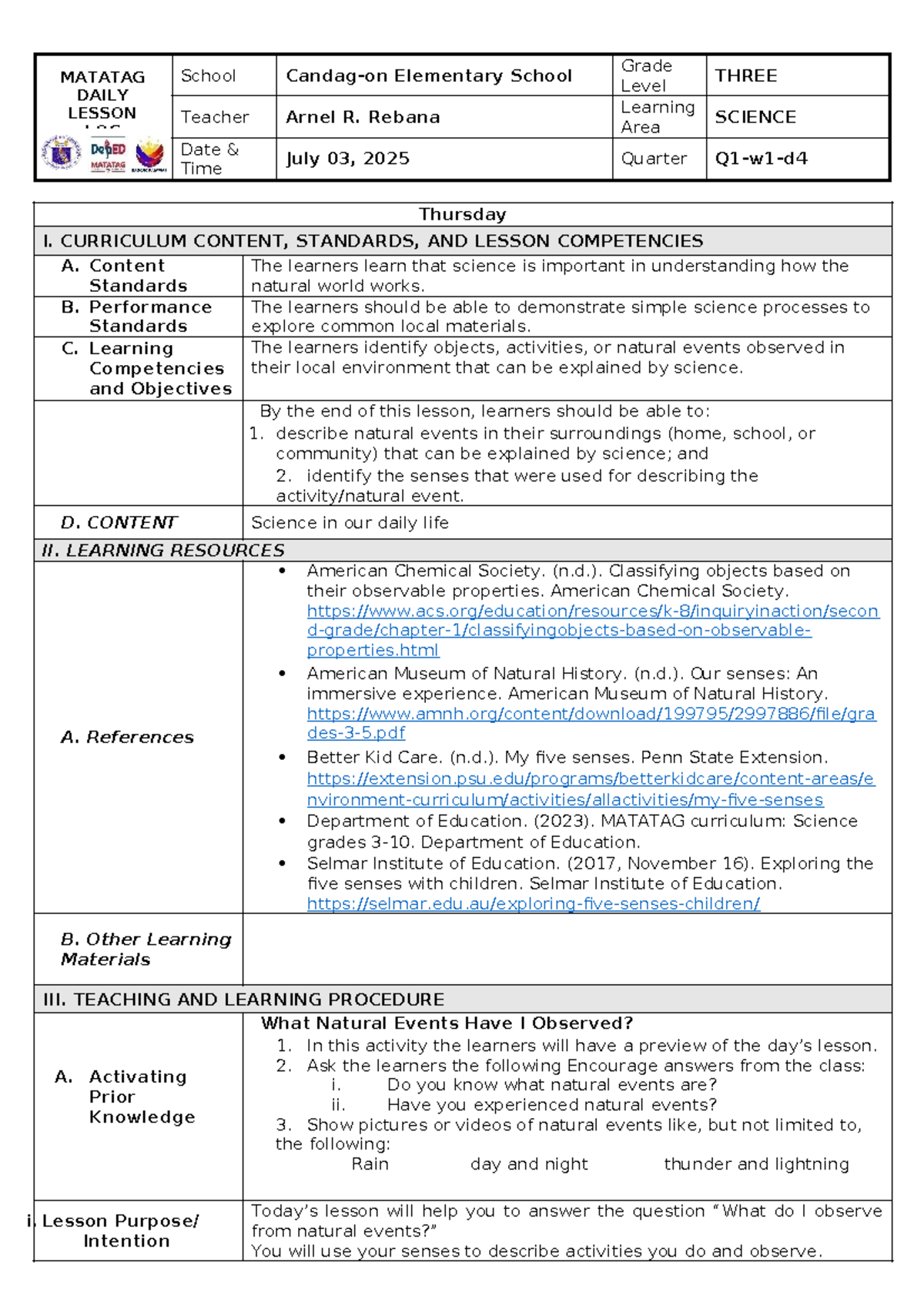 Q1 Science 3 Lesson Plan: Understanding Natural Events - Studocu