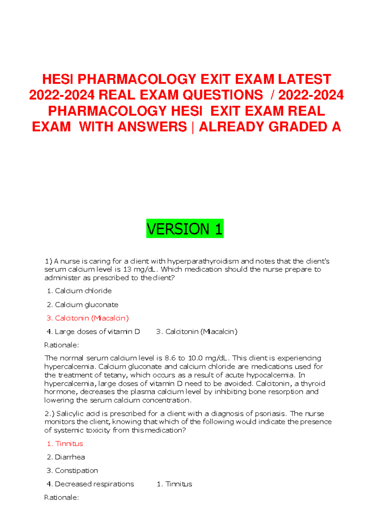 HESI PHARMACOLOGY EXIT EXAM: REAL QUESTIONS & ANSWERS VERSION 1 - Studocu