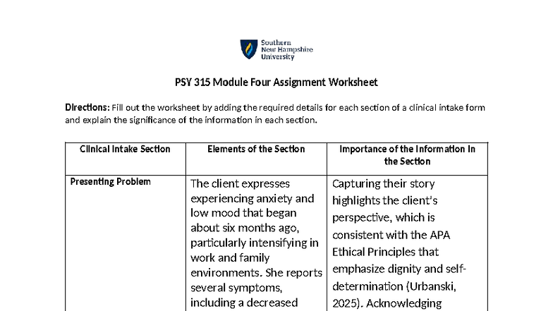 Denizer PSY 315 Module Four Clinical Intake Form Analysis - Studocu