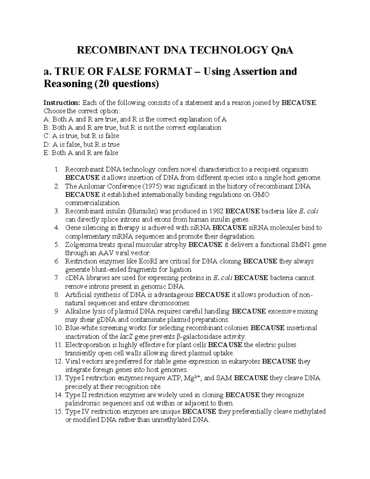 Recombinant DNA Technology QnA: True/False & Best Options (20+15 Qs ...