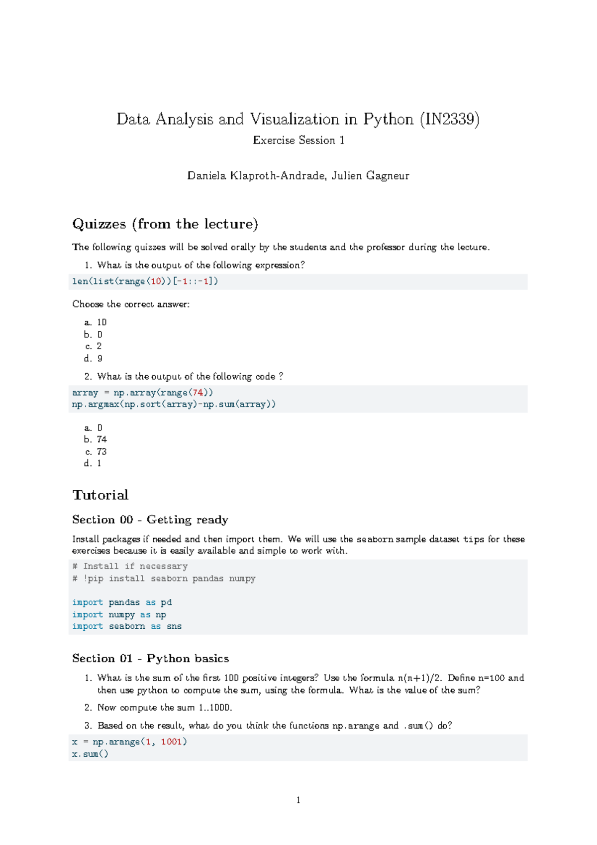 Data Analysis & Visualization in Python (IN2339) Exercise 01 - Studocu