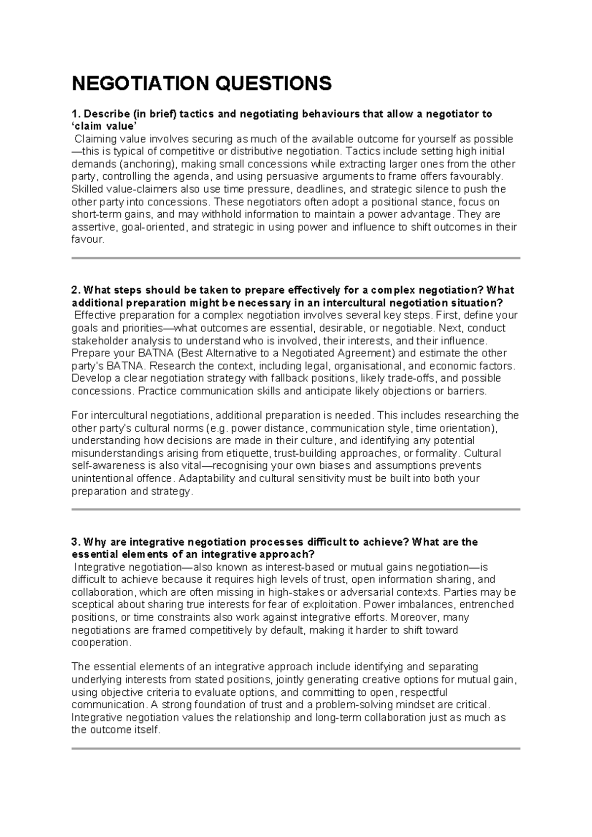 Negotiation Strategies and Tactics: Key Insights and Questions - Studocu
