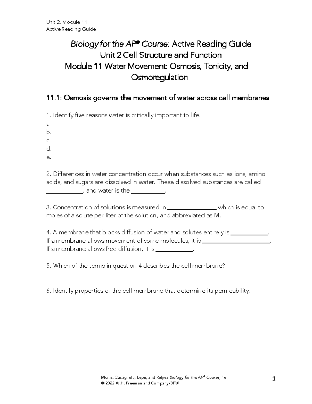 Unit 2, Module 11 Active Reading Guide: Water Movement in Biology - Studocu
