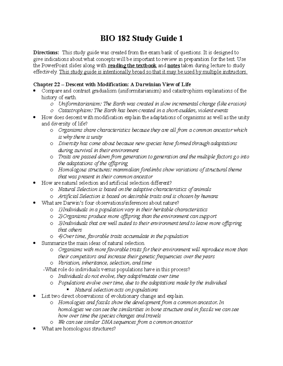 BIO 182 Exam 1 Comprehensive Study Guide and Review Notes - Studocu