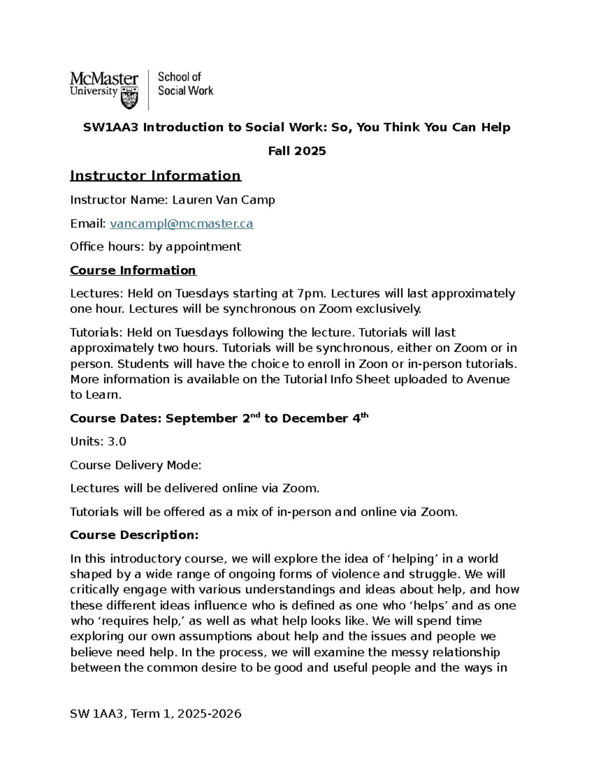 SW 1AA3 Introduction to Social Work: Course Overview & Details Fall ...