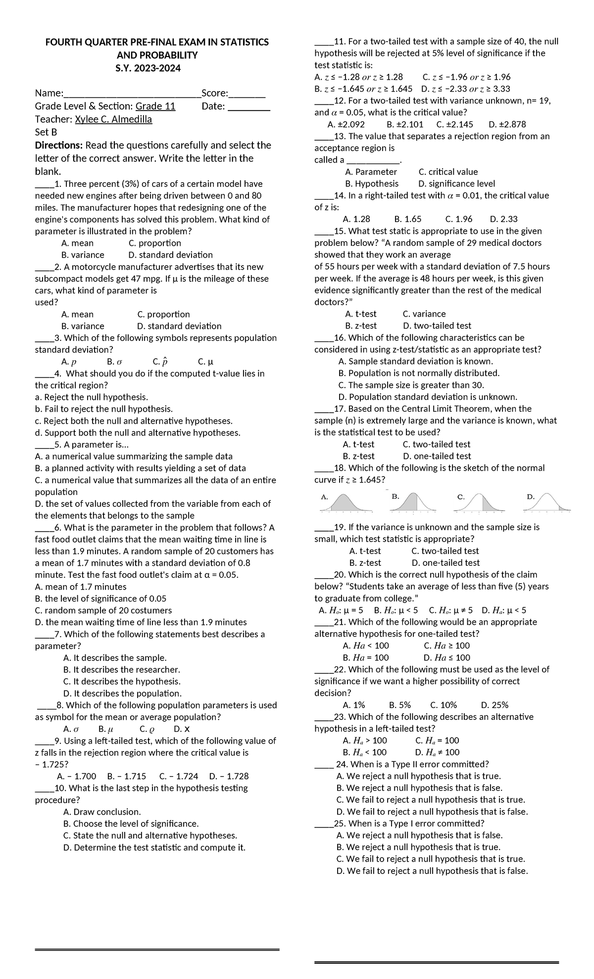 4TH Quarter Pre-Final Exam in STAT 2024 (Set B) - Studocu