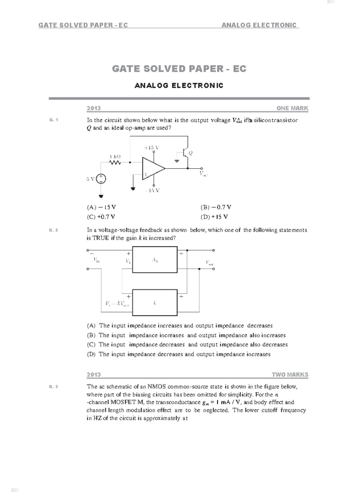 GATE MCQ 1 - ANALOG ELECTRONICS SOLVED PAPER 2013 - Studocu