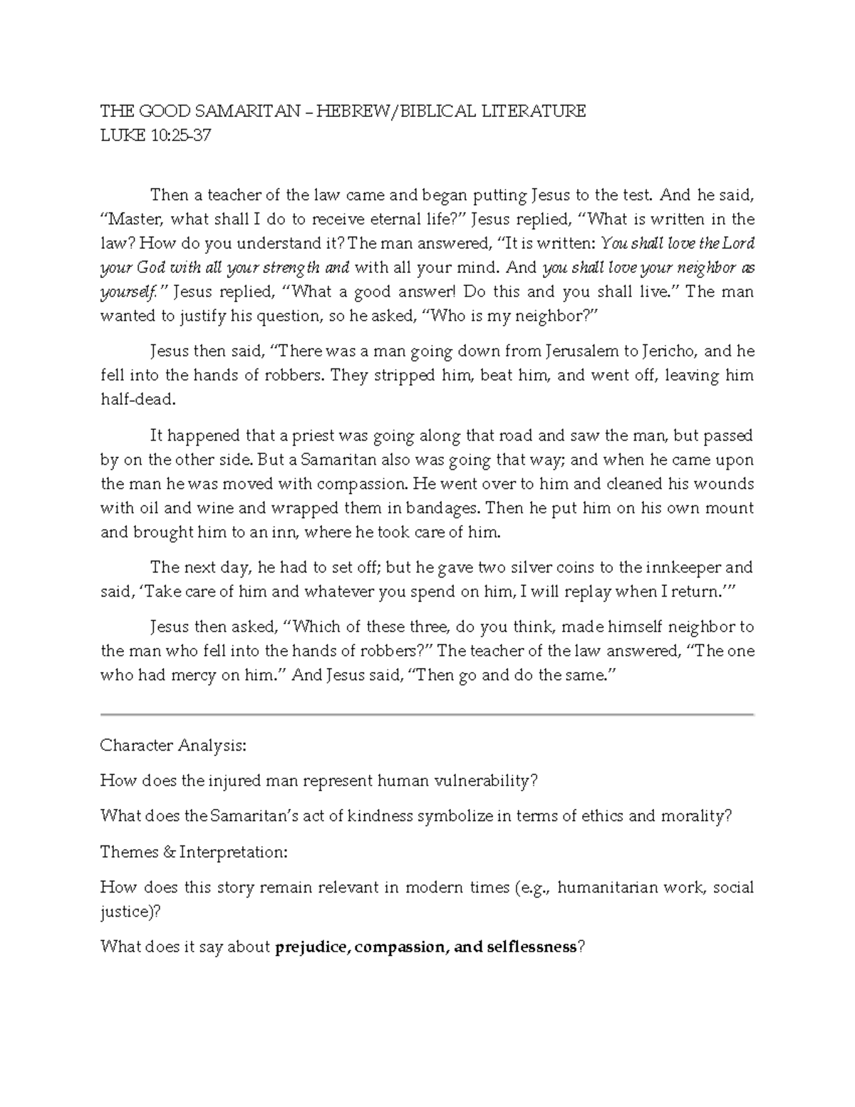 LUKE: The Good Samaritan - A Study of Compassion and Ethics - Studocu