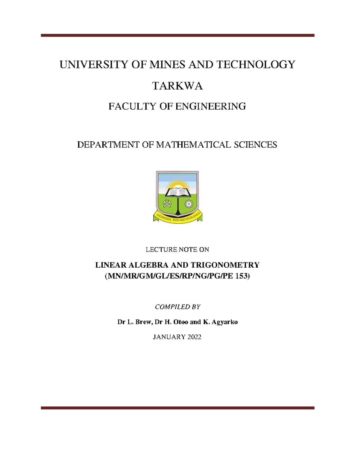 Lecture Notes on Linear Algebra and Trigonometry (MN/MR/GM/GL/ES/RP/NG ...