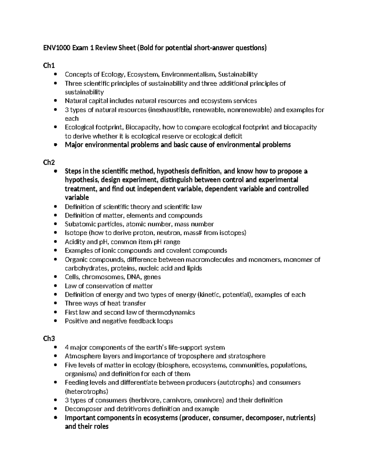 ENV1000 Exam 1 Review Sheet: Key Concepts in Ecology & Environment ...