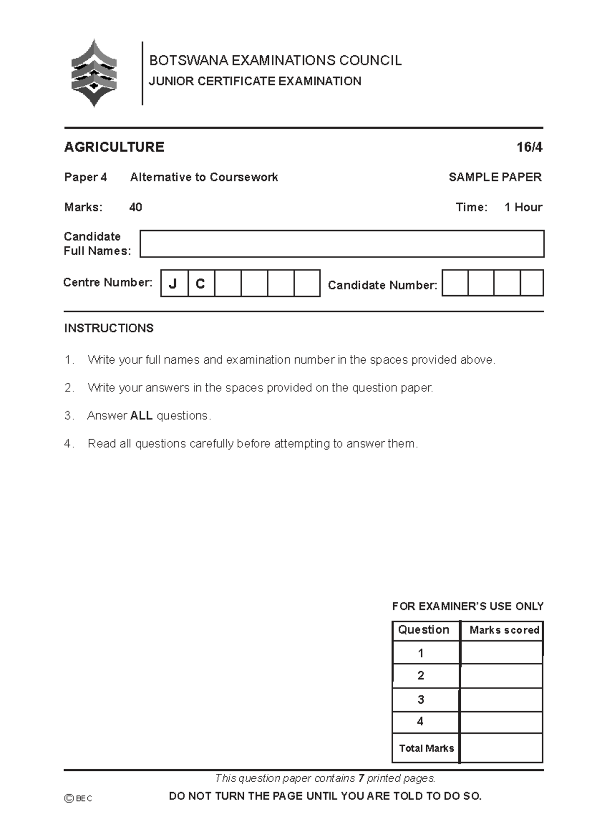 JCE Agriculture Paper 4 Sample Exam - Alternative to Coursework - Studocu