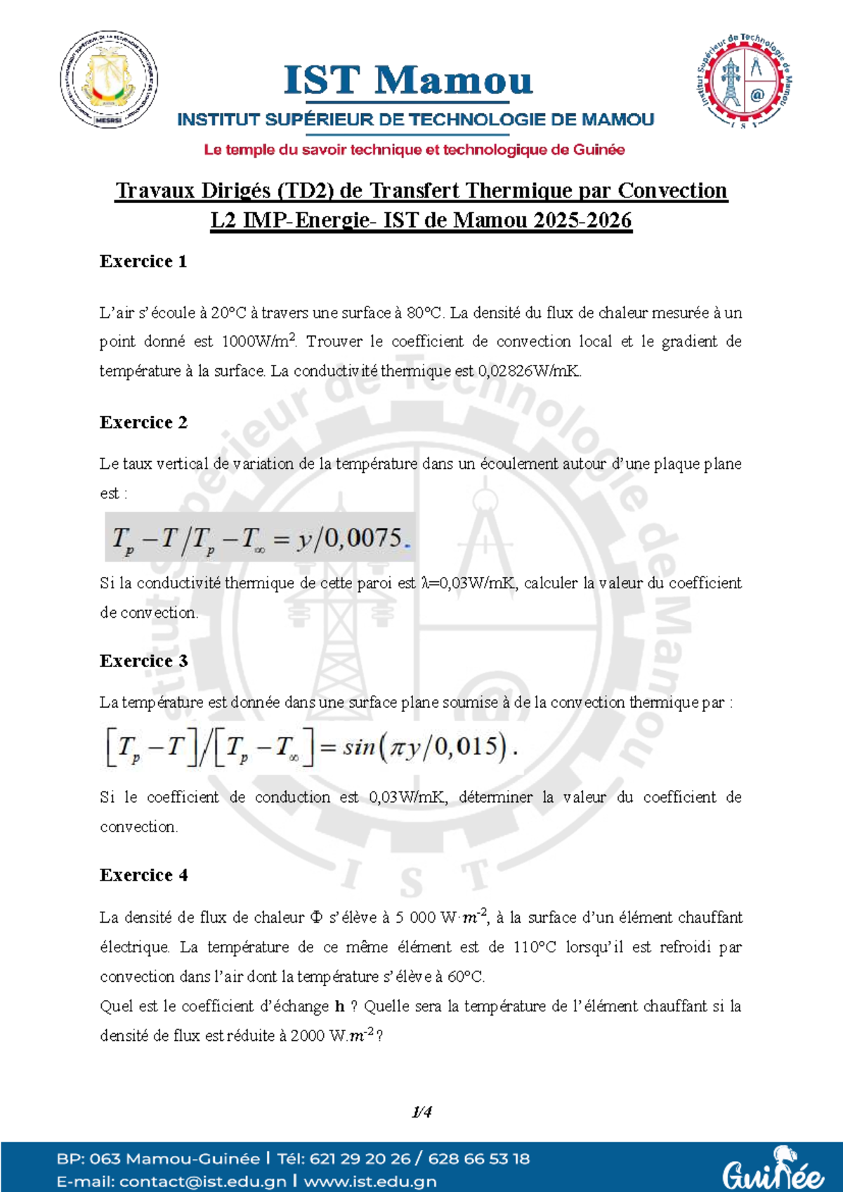 TD2 Transfert Thermique par Convection L2 IST Mamou: Exercices et ...