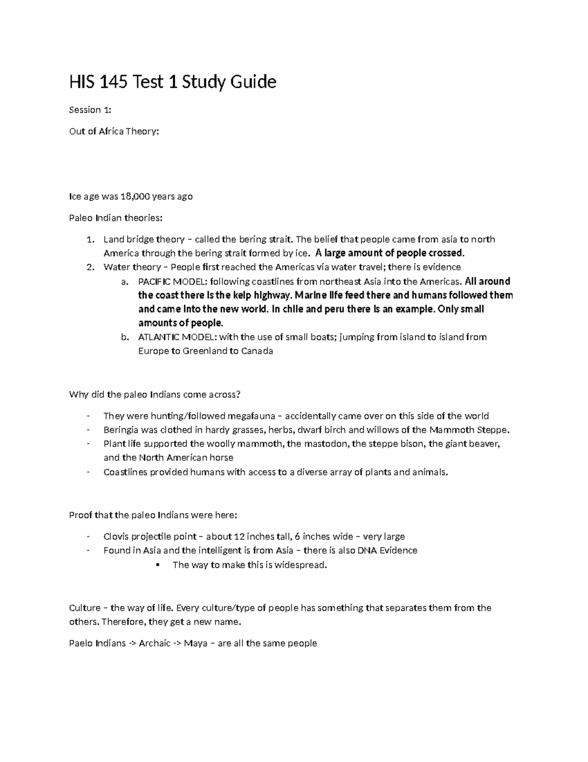 HIS 145 Test 1 Study Guide: Out of Africa & Paleo Indian Theories - Studocu