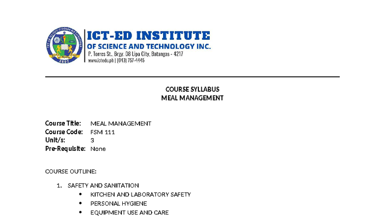 FSM 111 Course Syllabus: Meal Management Overview - Studocu