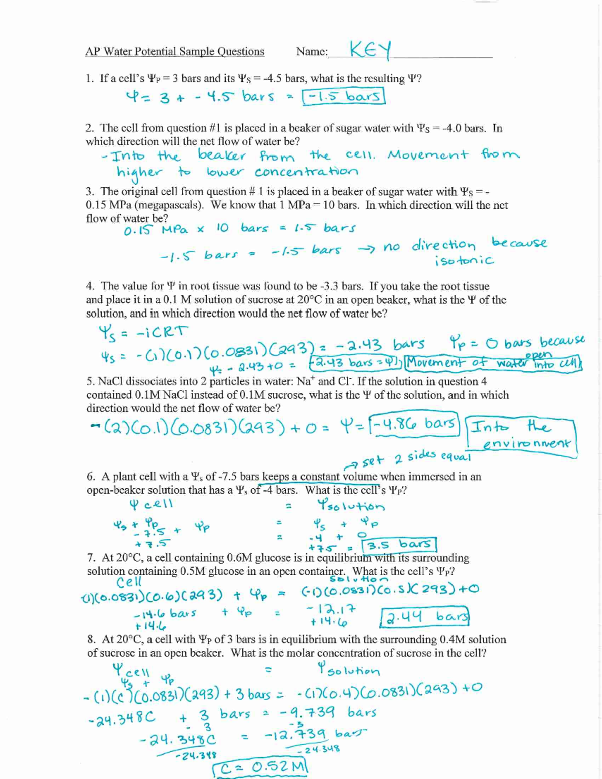 AP Water Potential Sample Questions & Answers Key - Studocu