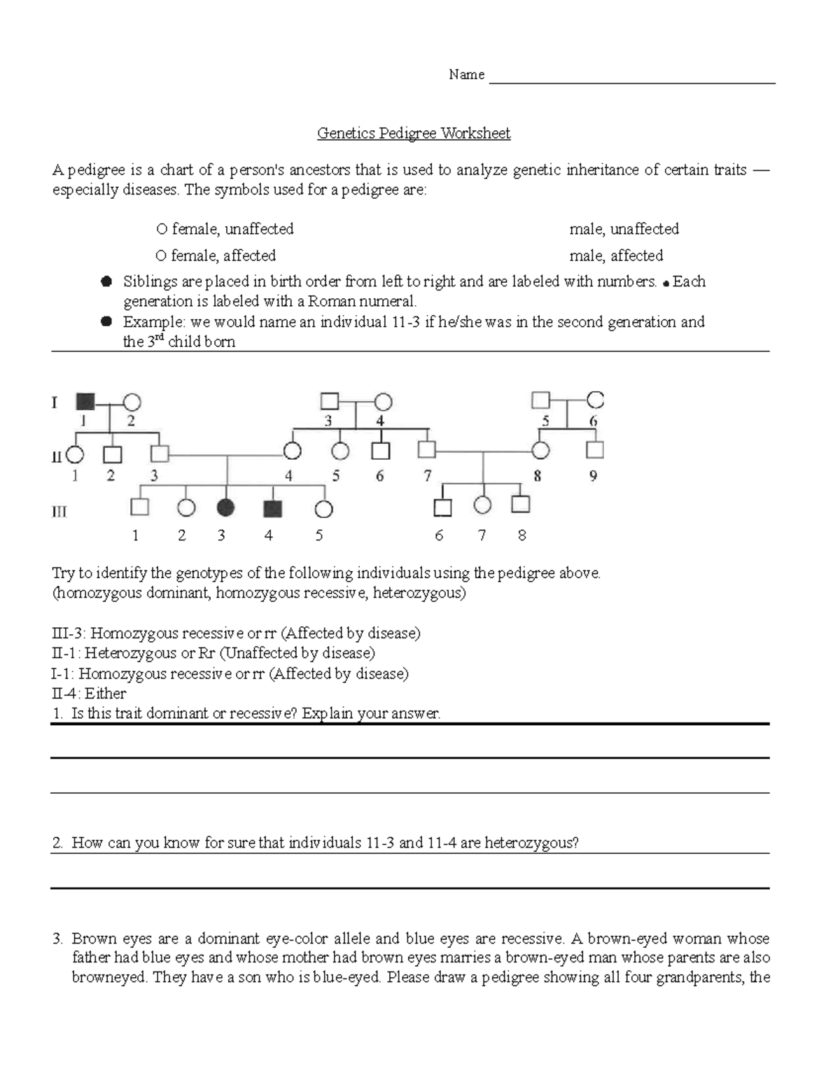 Genetics Pedigree Worksheet: Analyzing Inheritance Patterns - Studocu